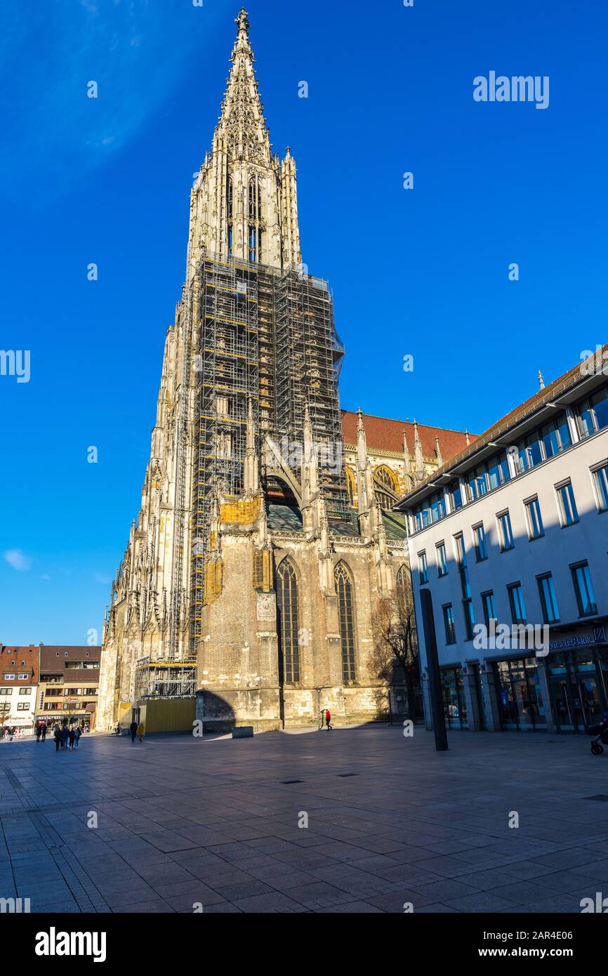 Ulm, Germany, December 29, 2019, Ancient tall minster, gothic cathedral ...
