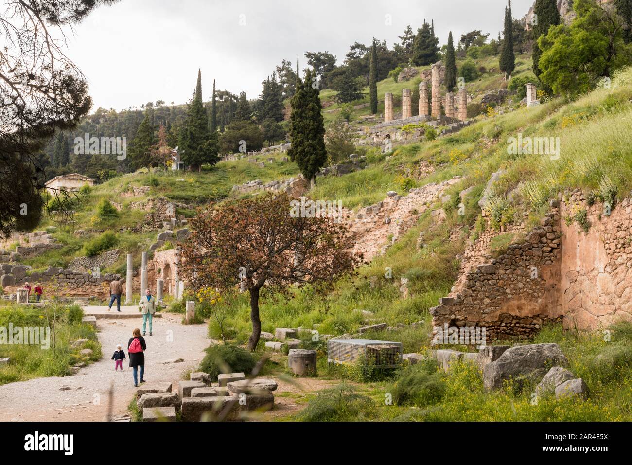 Delphi, Greece. Ruins of the buildings of the ancient Sanctuary of ...