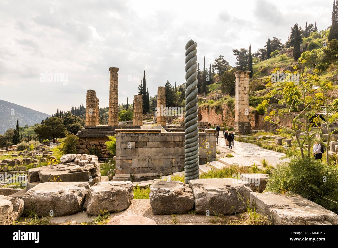 Delphi, Greece. The Temple of Apollo, one of the buildings of the ...