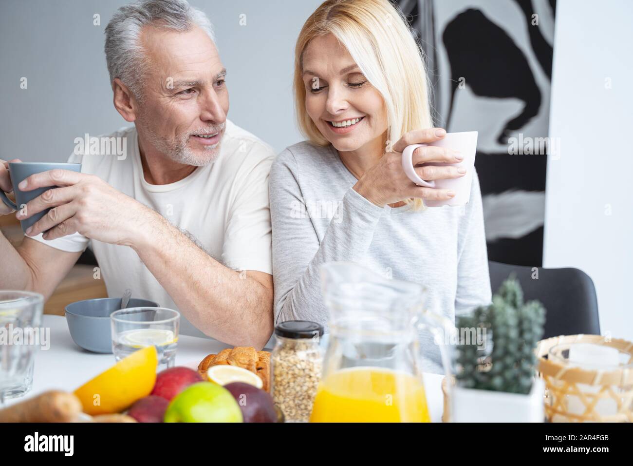 Morning coffee for two happy people stock photo Stock Photo - Alamy