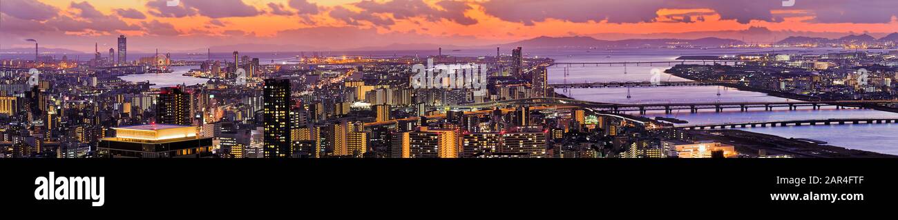 Spectacular bright panorama at sunset over sea and skyline of greater ...