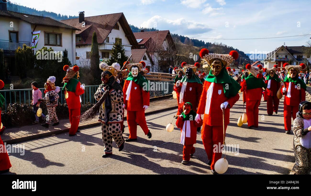 Elzach, Germany, February 25, 2017, Group of people with traditional ...