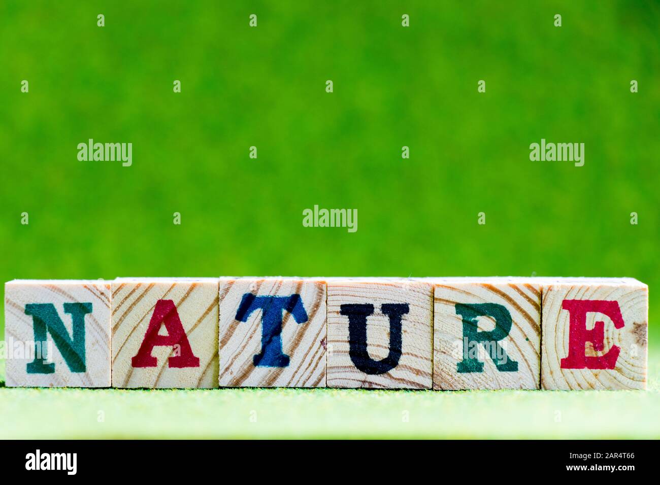 Letter block in word nature on artificial green background Stock Photo ...