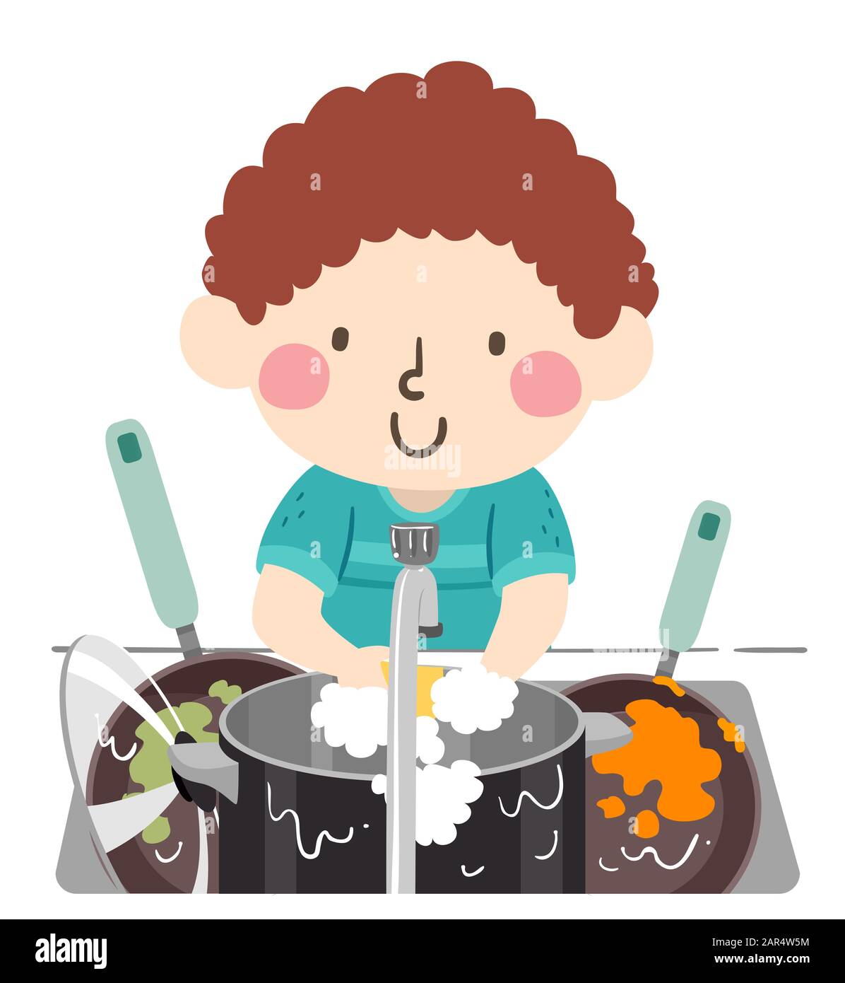 Illustration of a Kid Boy Washing Pots and Pans By Hand in Sink Stock ...