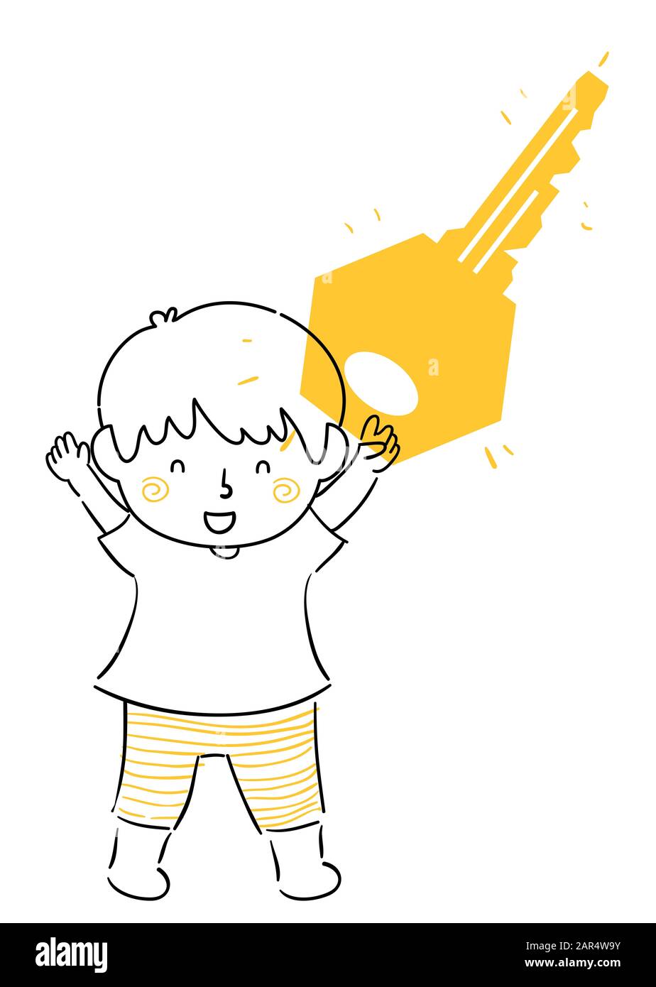 Doodle Illustration of a Kid Boy Holding a Big Yellow and Sparkling Key ...