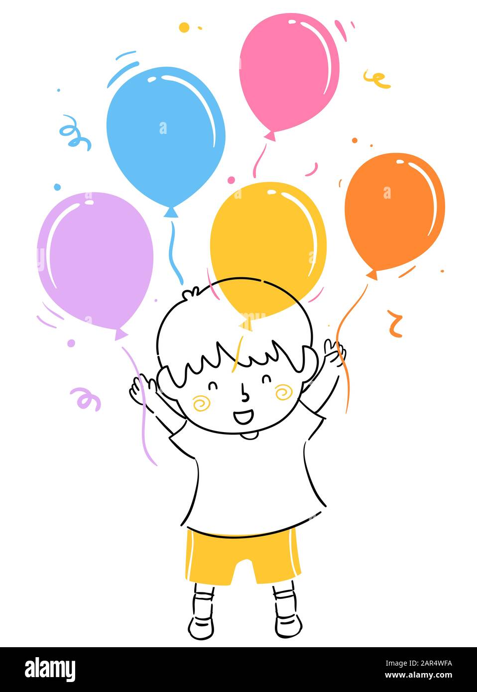 Doodle Illustration of a Kid Boy Holding Several Balloons in Different ...