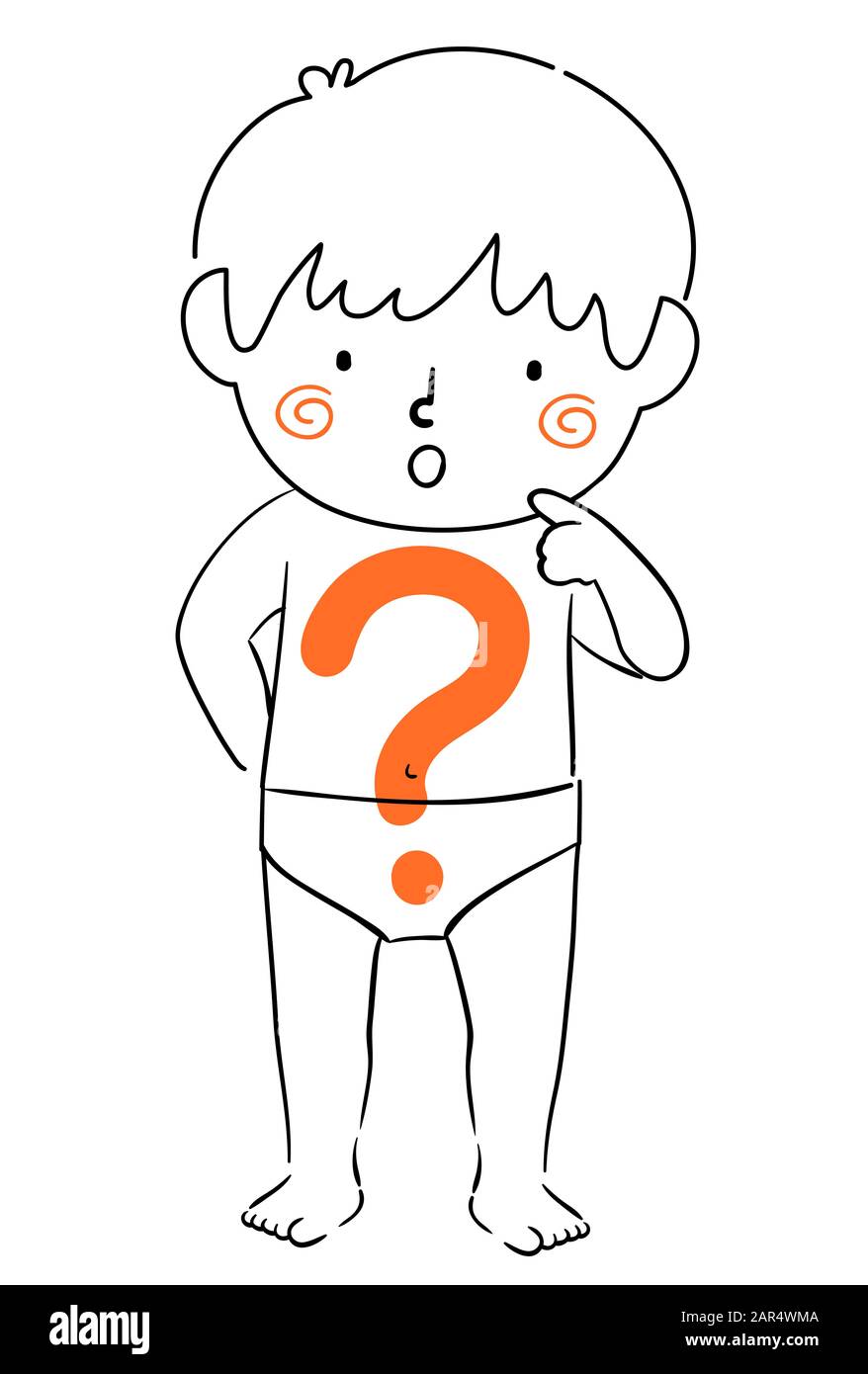 Doodle Illustration of a Kid Boy Thinking and Looking at His Body with ...