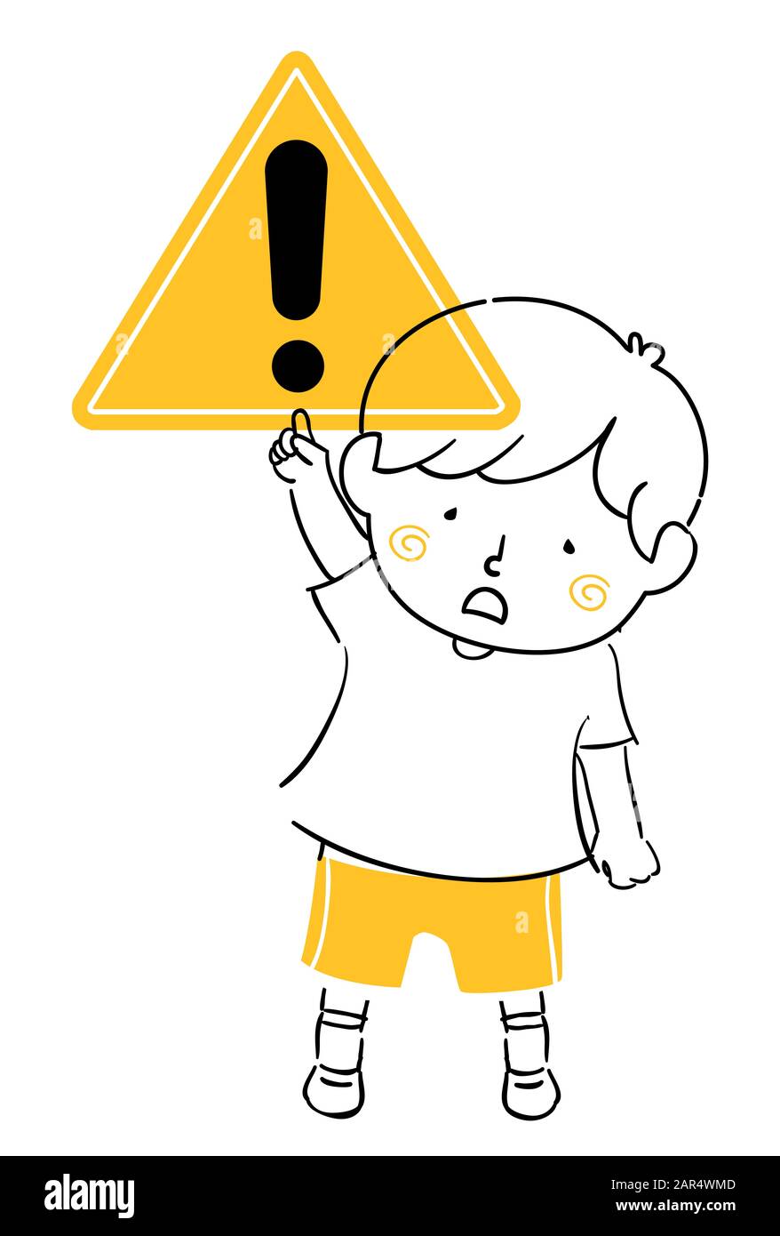 Doodle Illustration of a Kid Boy Pointing to a Safety Symbol Caution ...