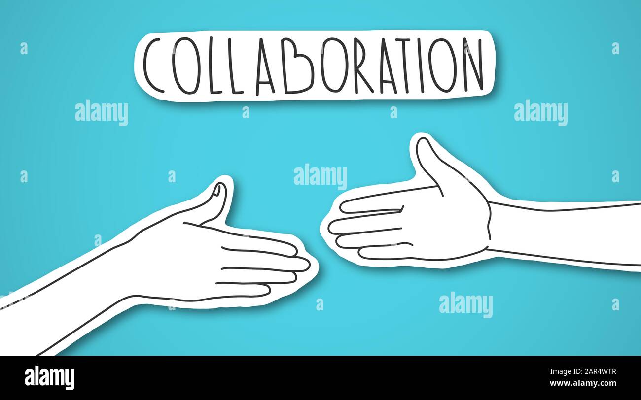 Two arms stretching towards each other under collaboration lettering ...