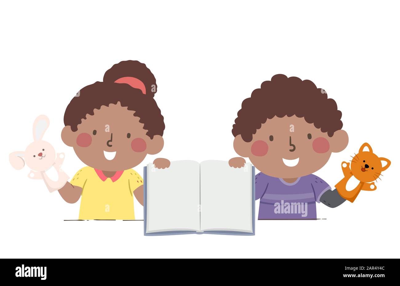 Illustration of African American Kids Holding Rabbit and Cat Puppets ...