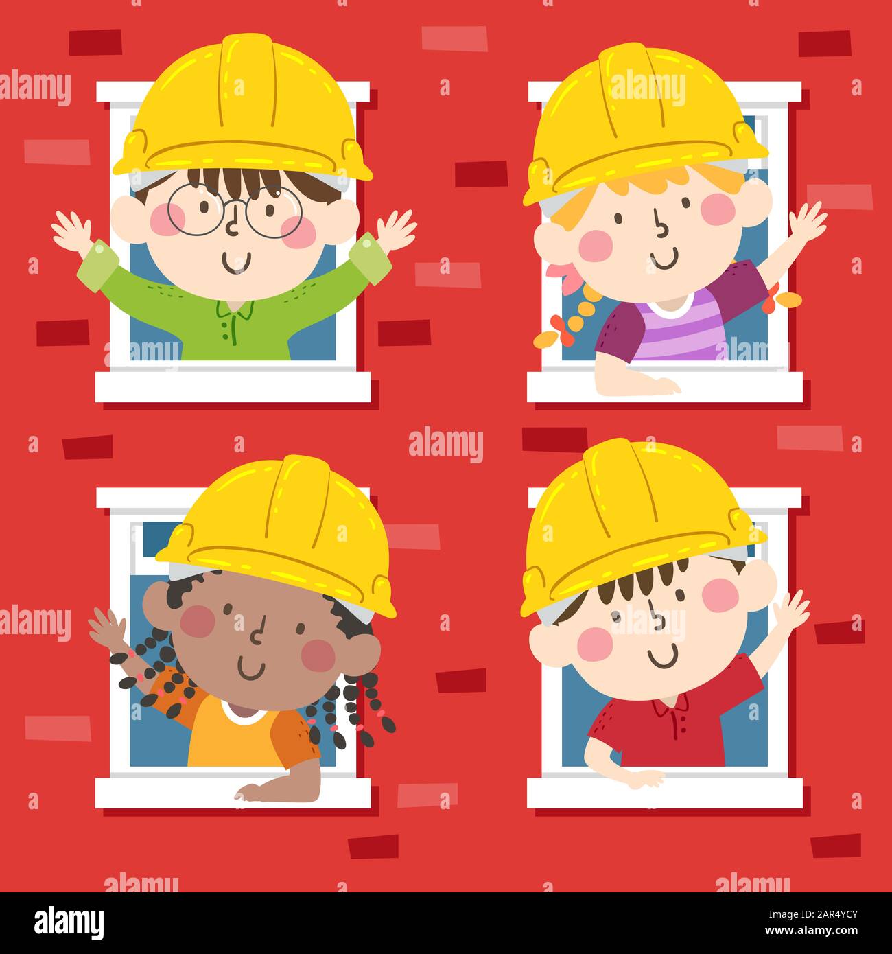 Illustration of Kids Wearing Yellow Hard Hats as Engineers Waving from ...