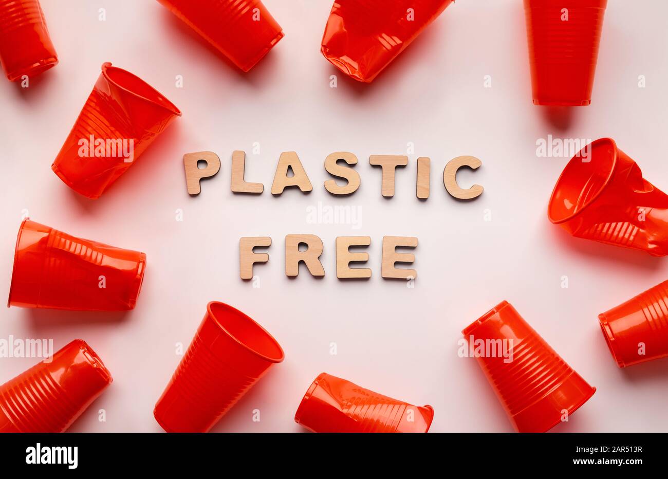 Poster with plastic objects Plastic free, on white background Stock ...