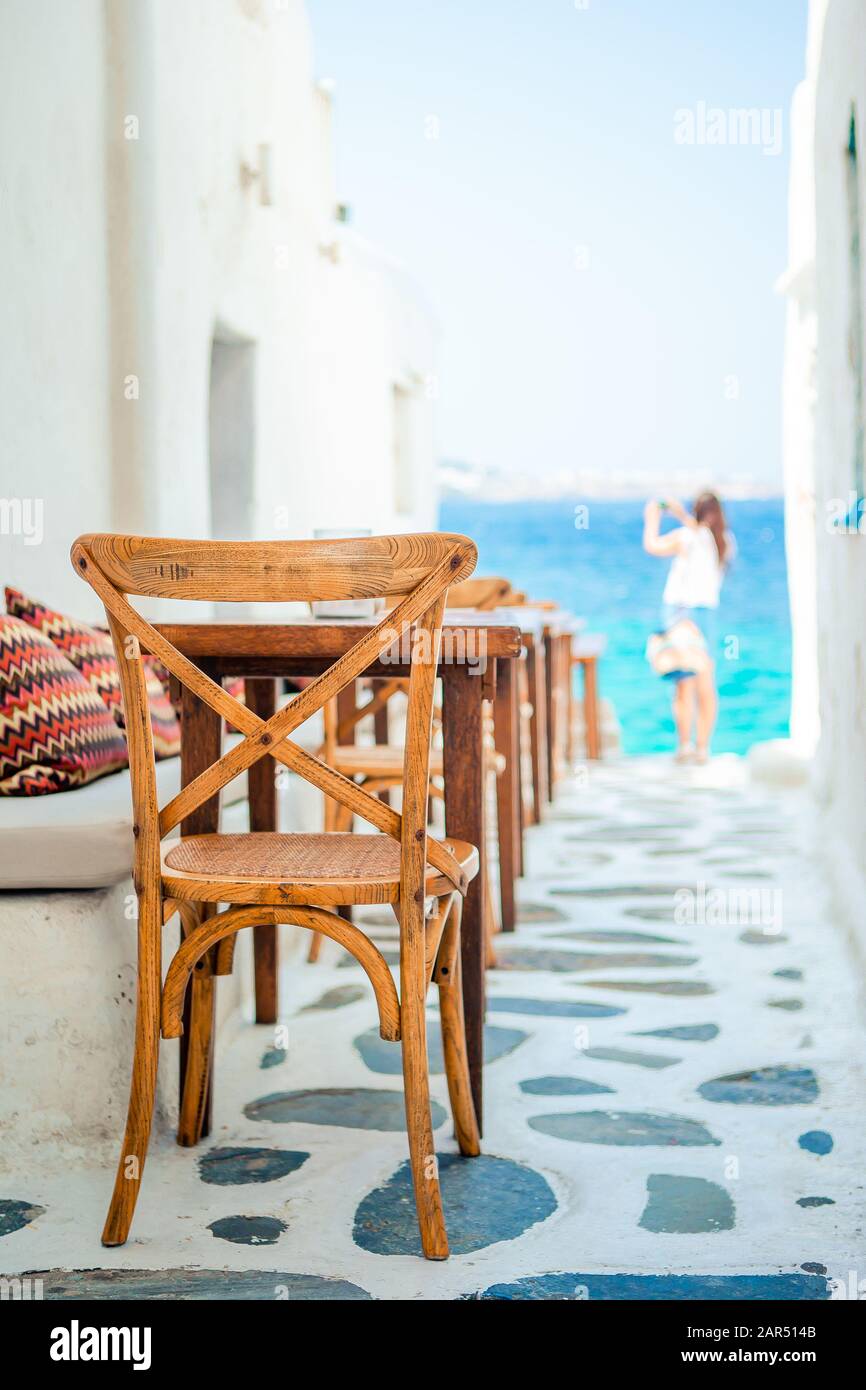 Famous typical greek bar in Mykonos town with sea view, Cyclades ...