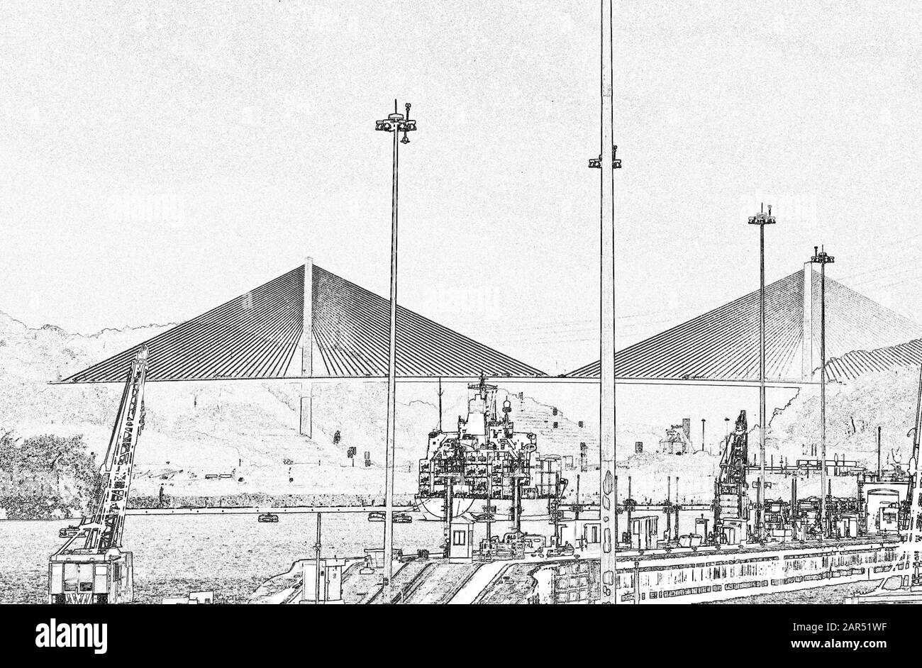 containers ship in Panama canal and Centennial bridge o the Pan ...