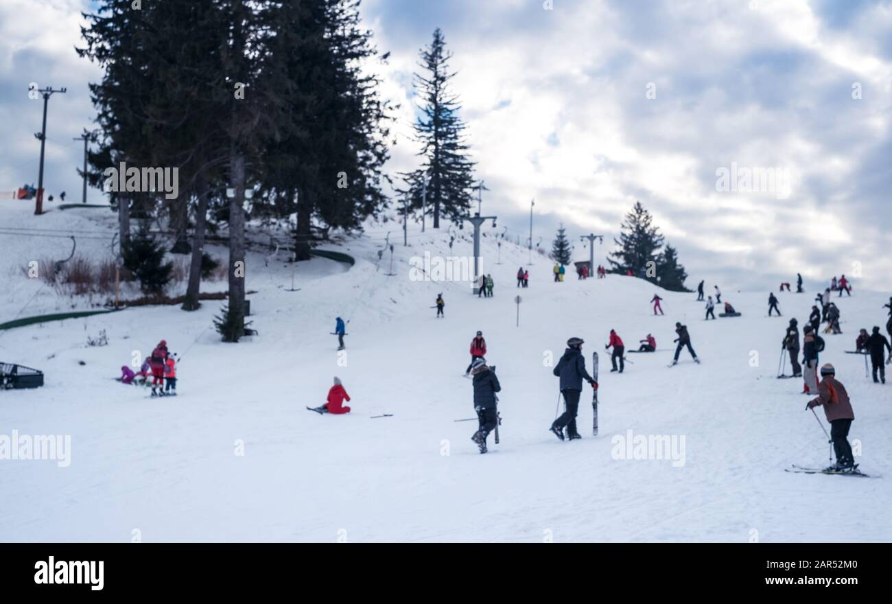 Paltinis Arena Platos, Romania - January 11, 2020. Lots of people on a ...