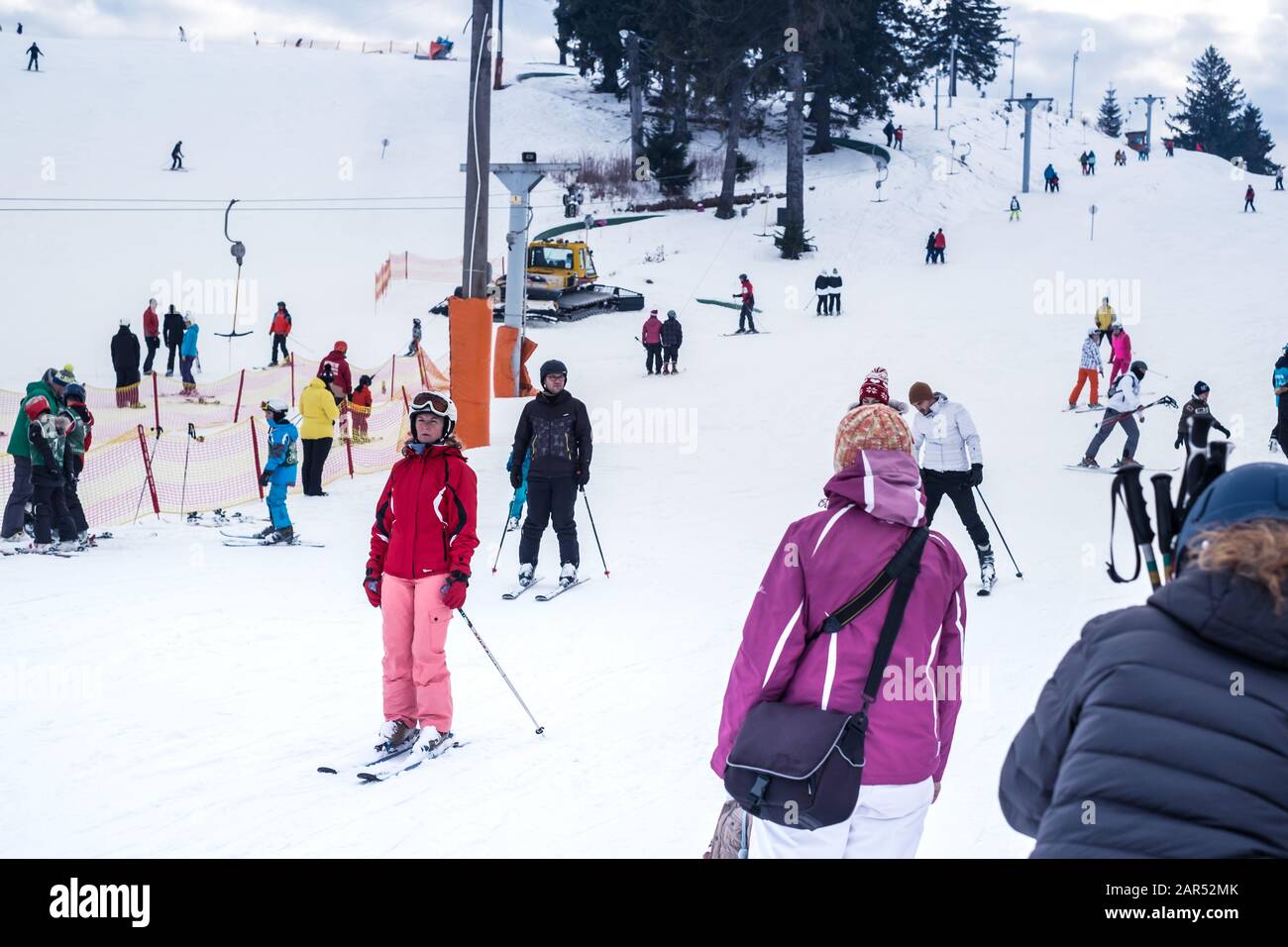 Paltinis Arena Platos, Romania - January 11, 2020. Lots of people on a ...