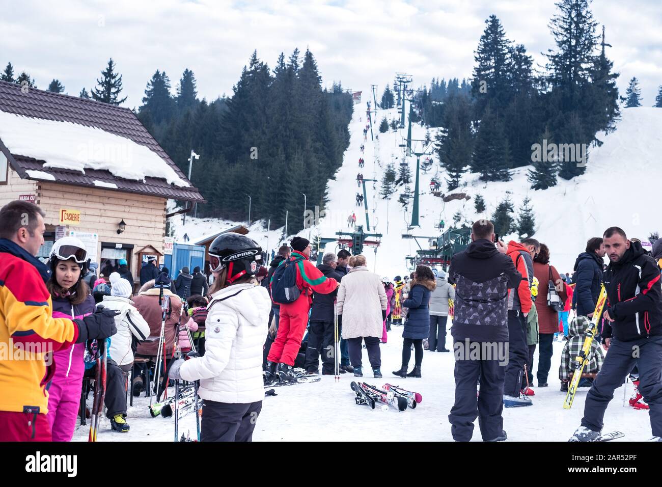 Paltinis Arena Platos, Romania - January 11, 2020. Lots of people on a ...