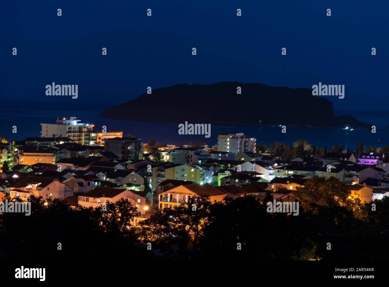 Night Cityscape View Of Budva City in Monte negro. Night Budva ...