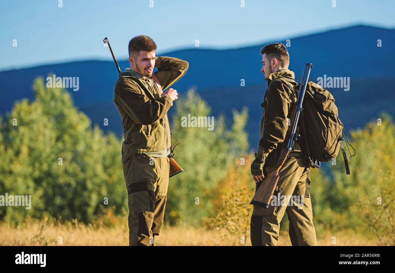 Friendship of men hunters. Military uniform. Army forces. Camouflage ...