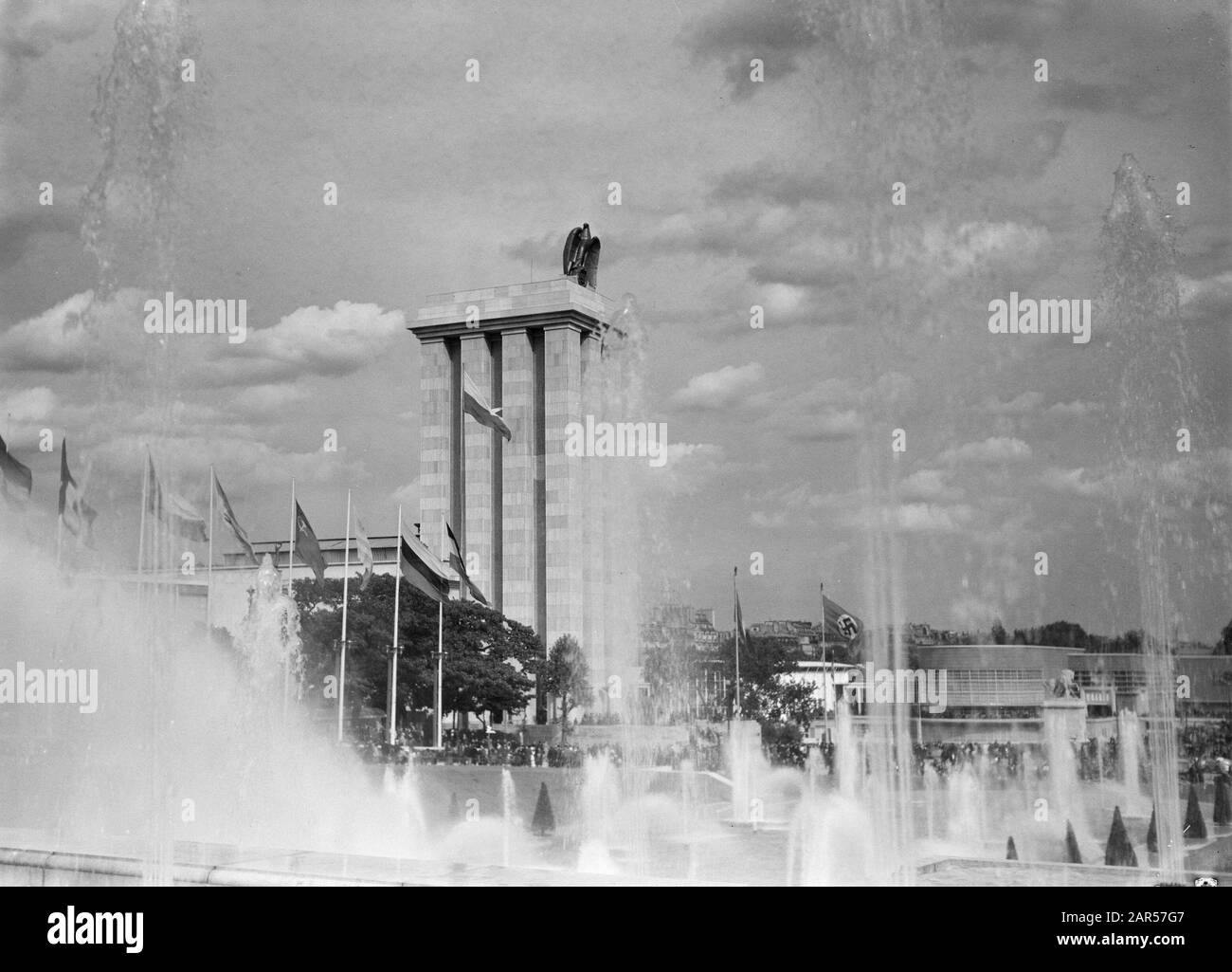 World Exhibition Paris 1937 The German and Belgian pavilion with water ...