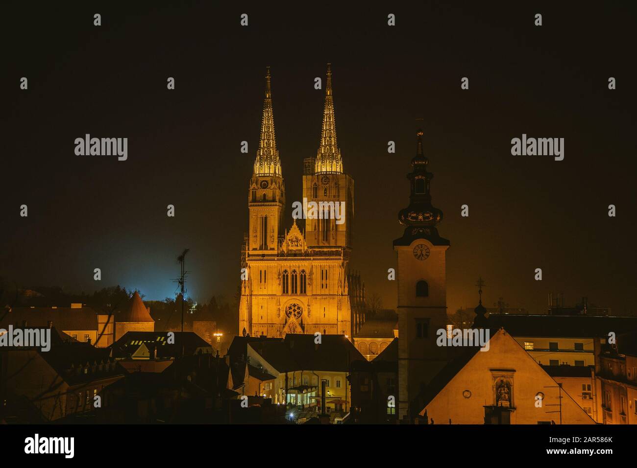 Zagreb Cathedral and St. Mary's Church in the night from Upper town ...