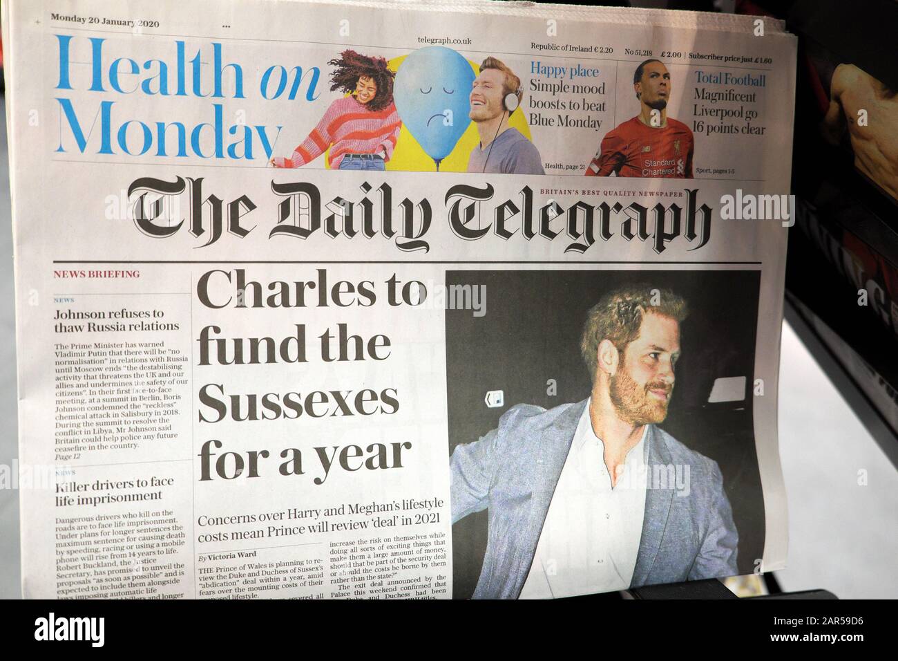 The Daily Telegraph front page headline "Charles to fund the Sussexes ...