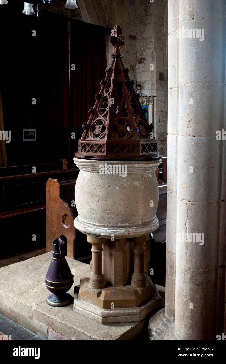 The font, St. Peter`s Church, Walgrave, Northamptonshire, England, UK ...