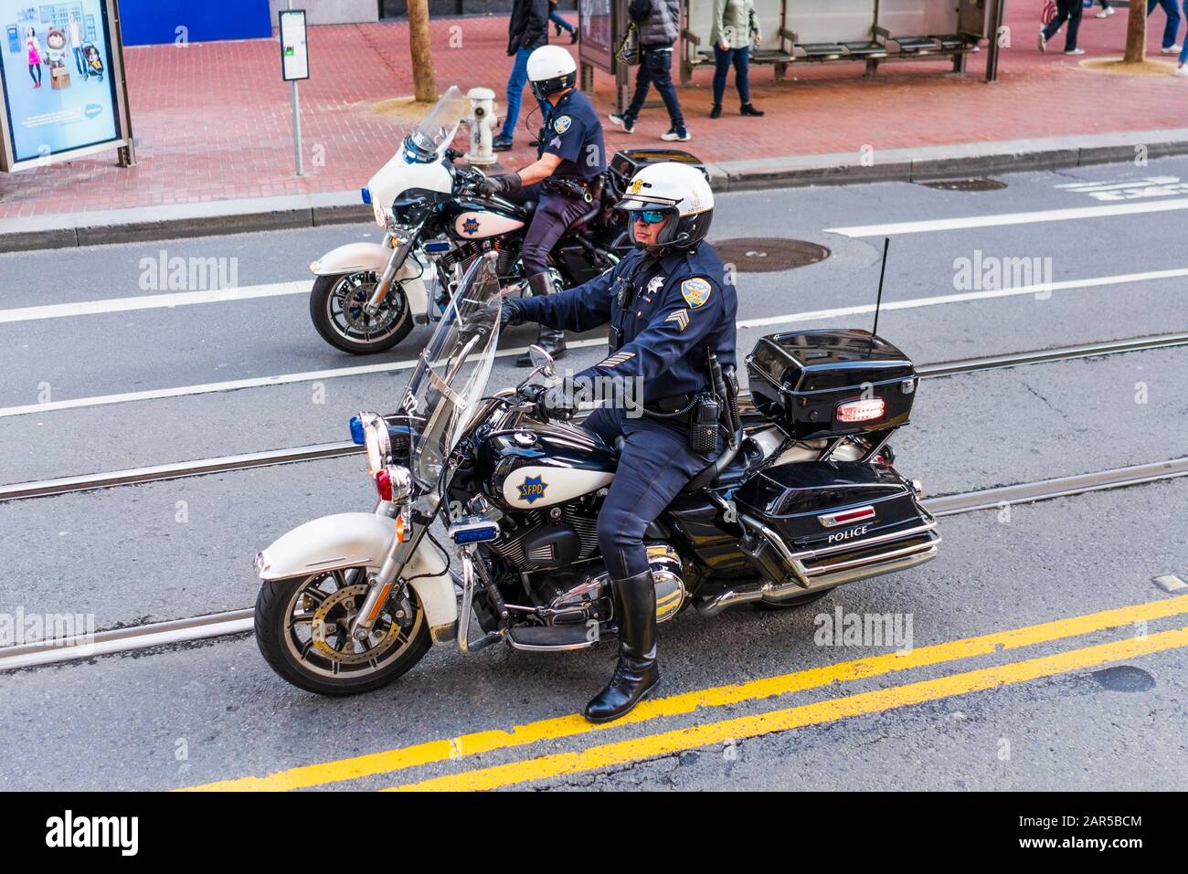 Jan 18, 2020 San Francisco / CA / USA - SFPD motorcycle unit providing ...