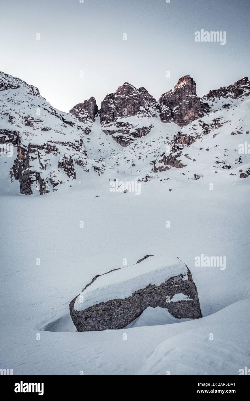 Beautiful winter landscape with snow covered mountain peaks Stock Photo ...