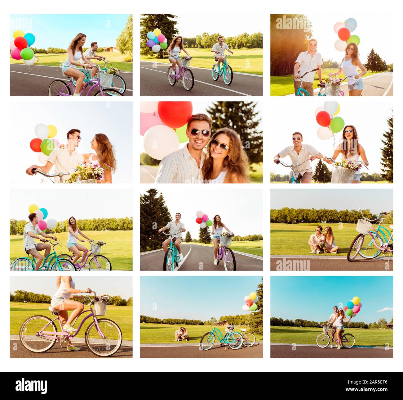 Collage of happy couple in love riding bicycle with balloons Stock ...