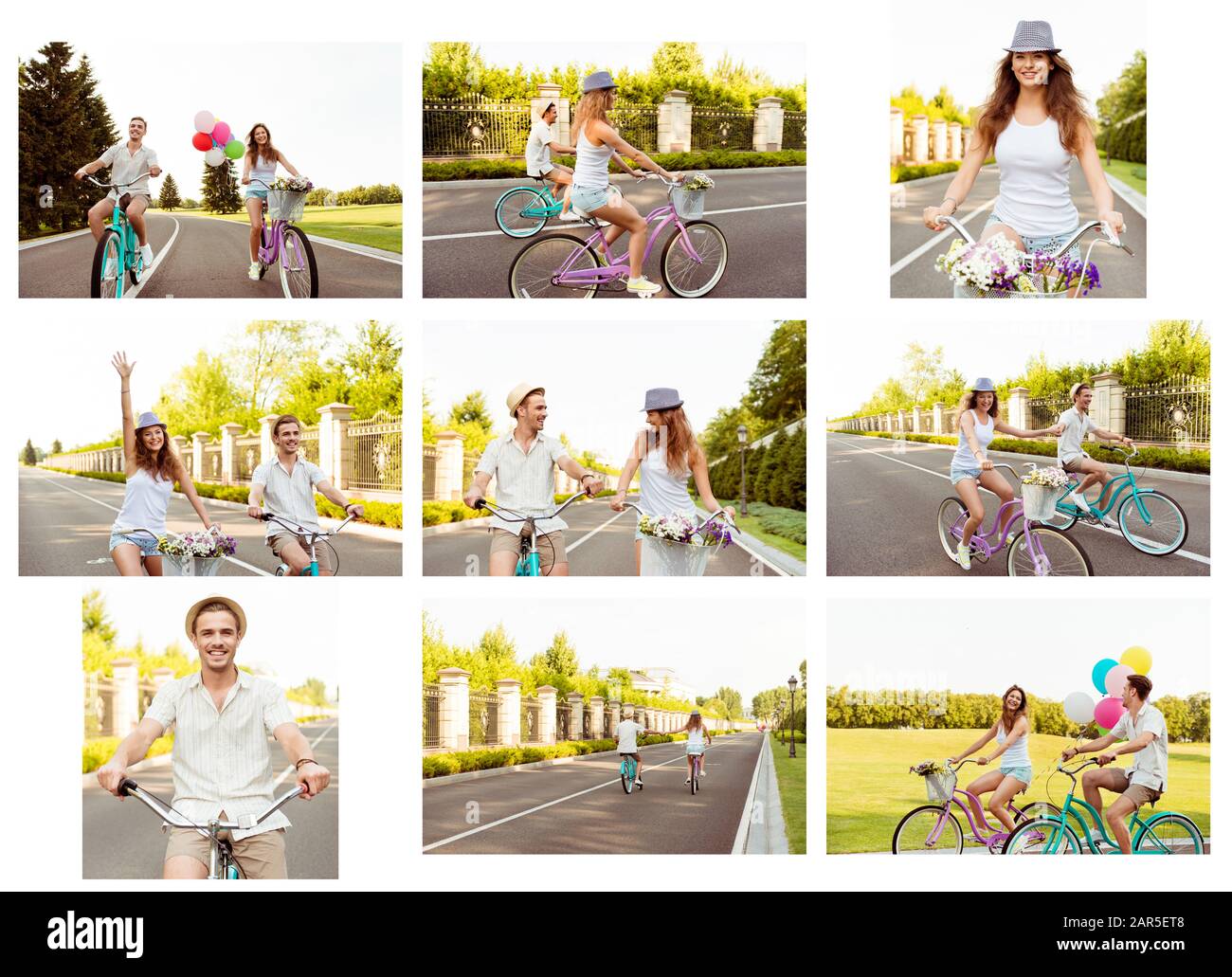 Collage of happy man and woman riding bicycle at holiday Stock Photo ...