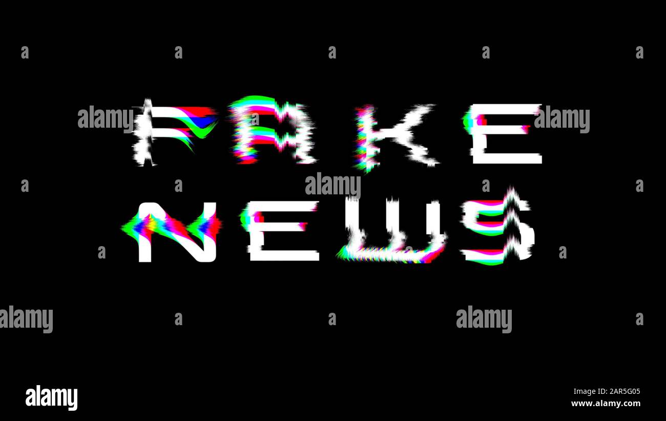 FAKE NEWS text glitch effect, black background, pixels interferences ...