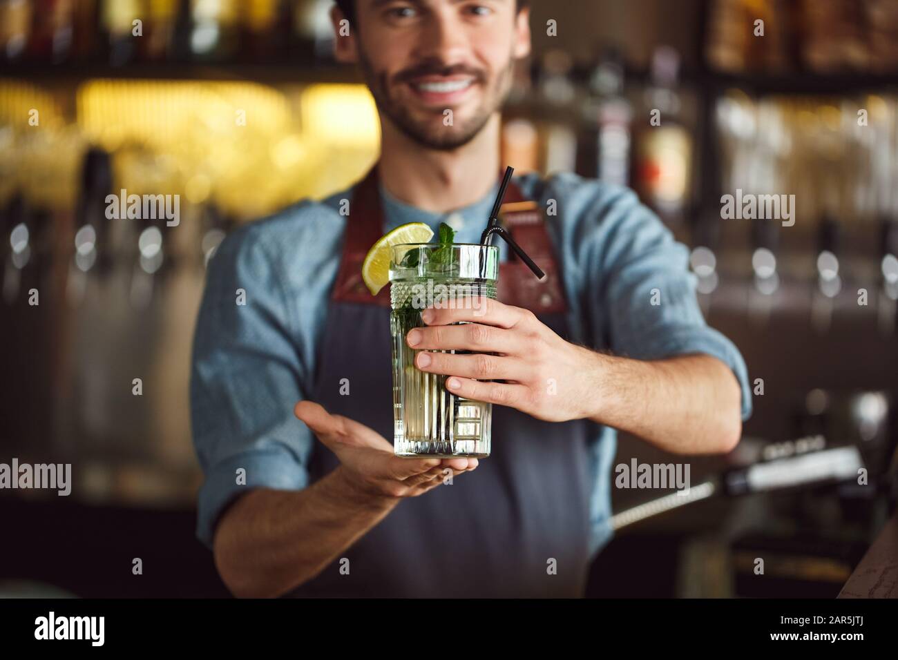 Professional Occupation. Bartender standing at counter serving mojito close-up blurred ...