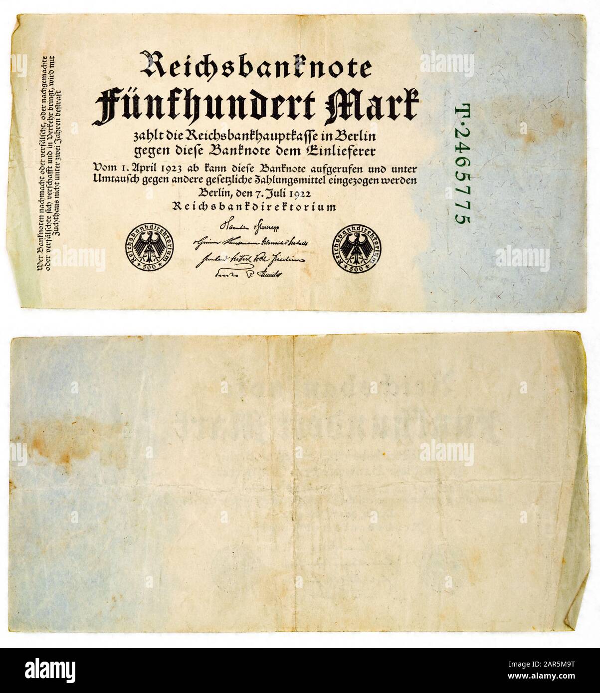 Old german 500 Mark bill from 1922 during the economic crisis after the ...