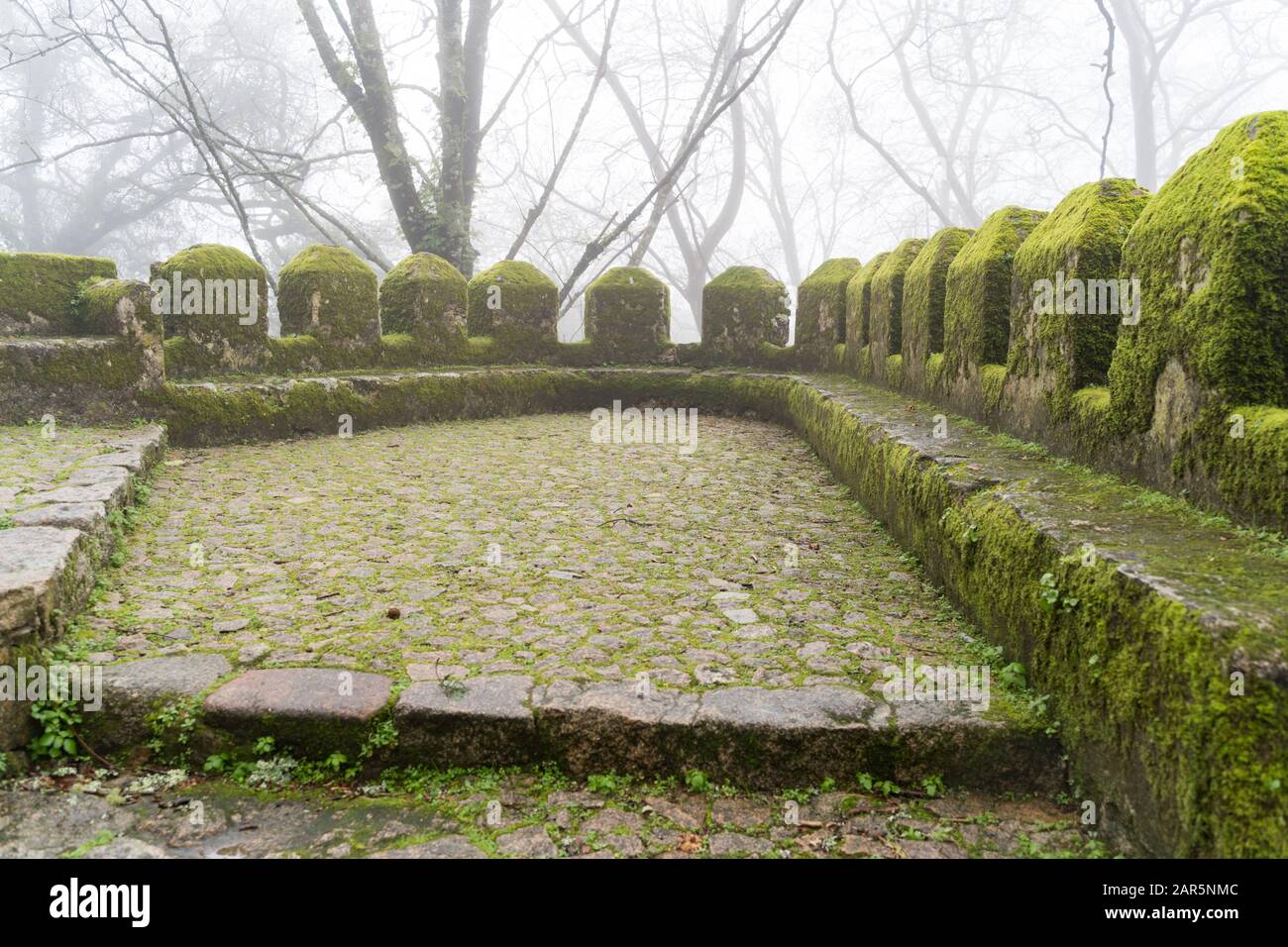 Moss covered walls of the Moorish Castle (Castle of Moors) on a foggy ...