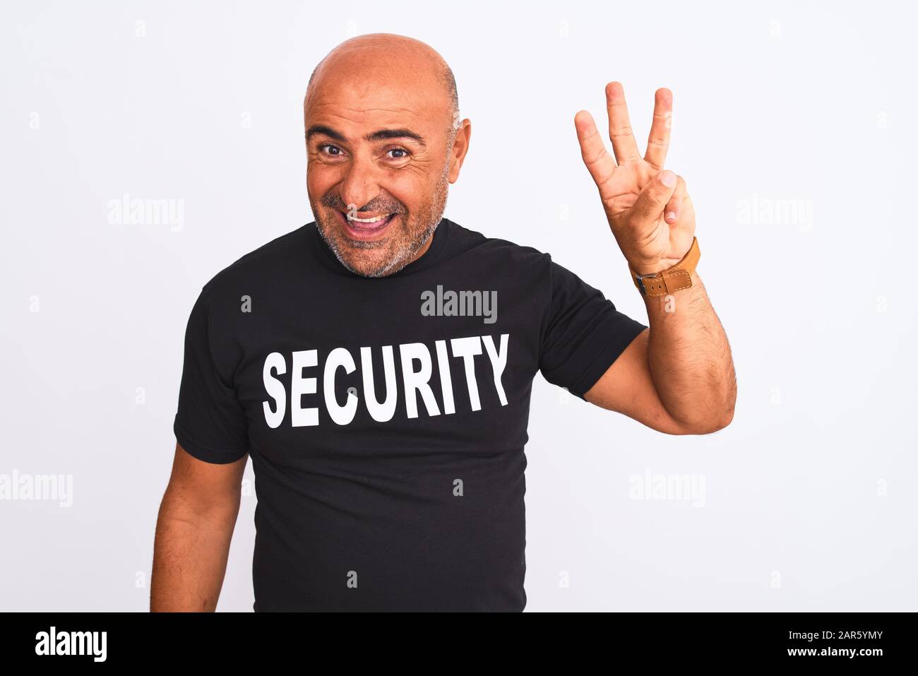 Middle age safeguard man wearing security uniform standing over ...