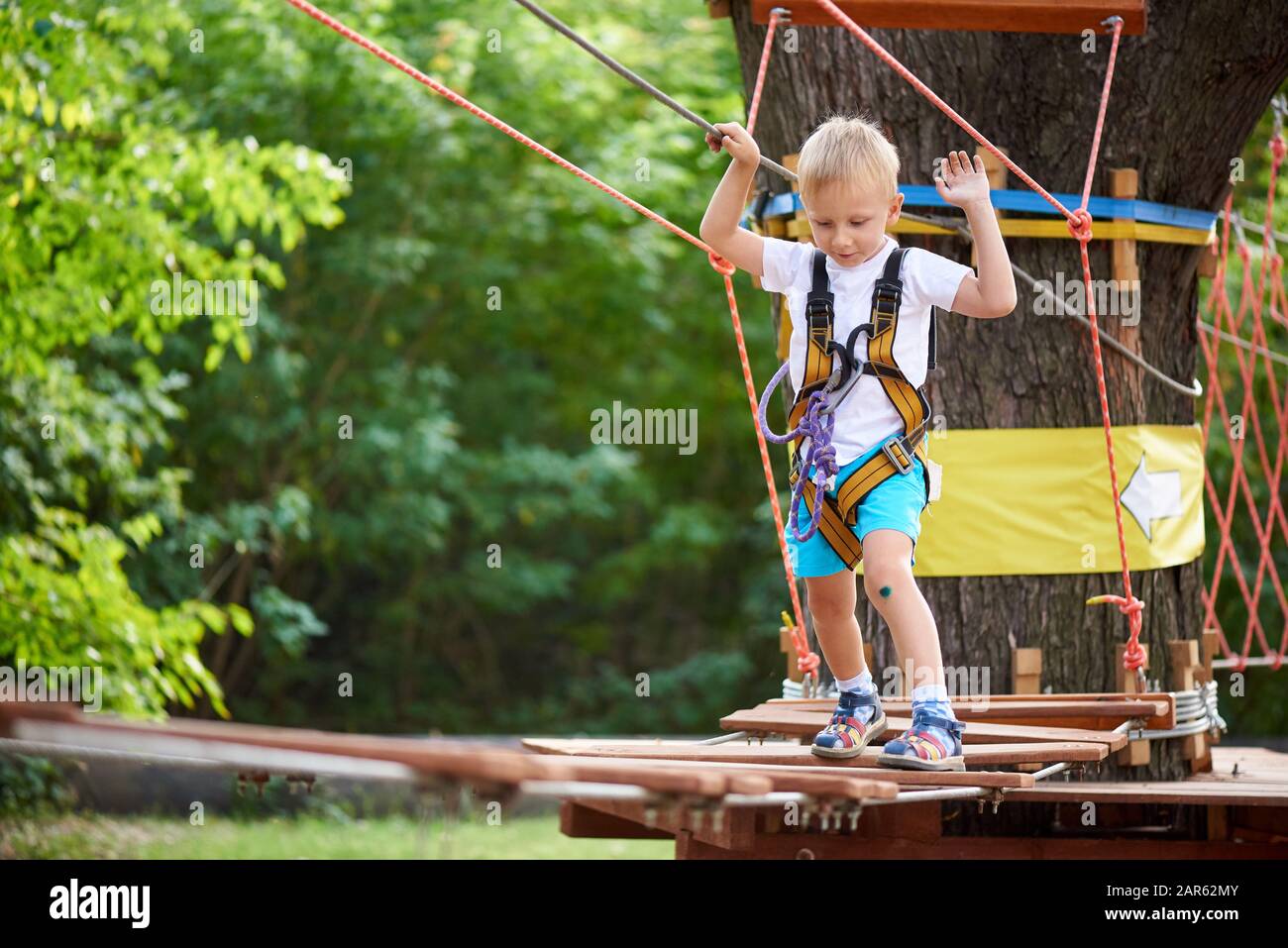 Little boy overcomes the obstacle in the rope park Stock Photo - Alamy
