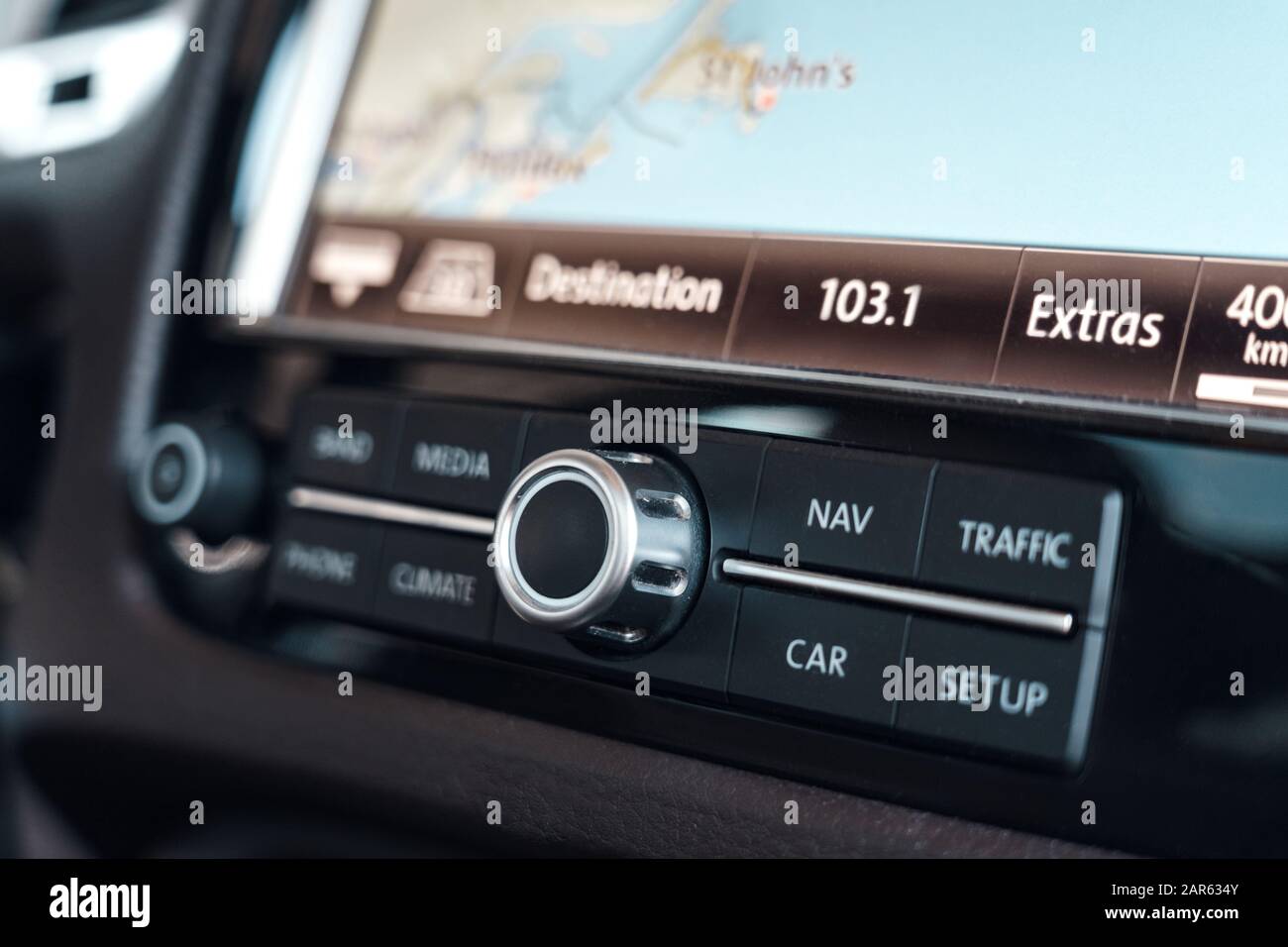 Mode of Transport. Electric car control panel interior close-up player ...