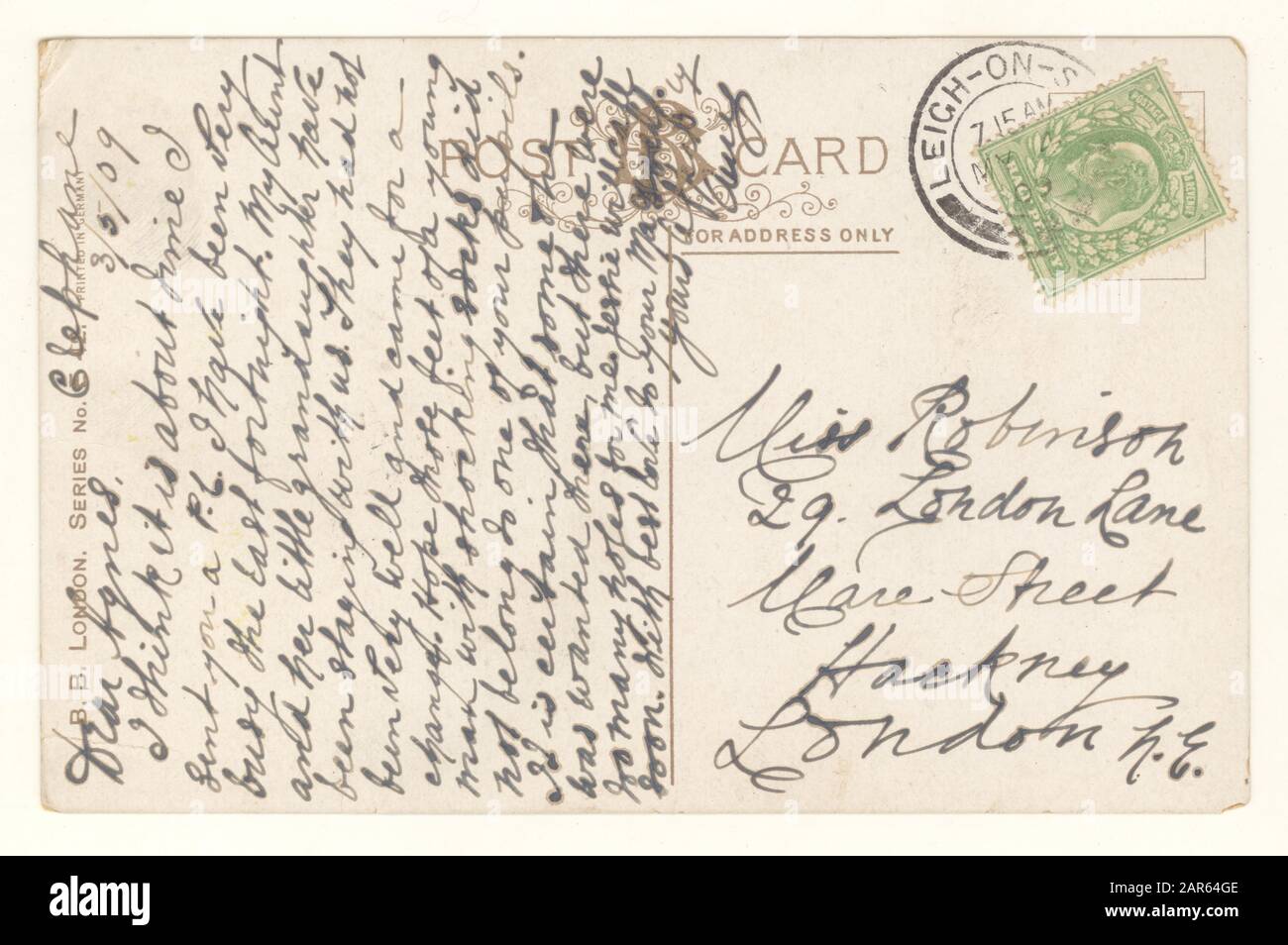 Reverse of early 1900's Edwardian postcard posted in 1909 , England, U ...