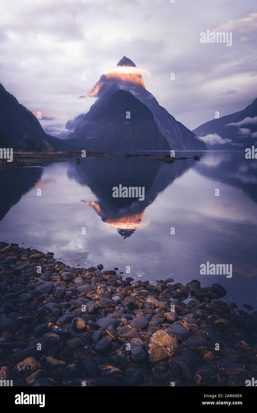 Stunning sunset at Milford Sound, New Zealand Stock Photo - Alamy