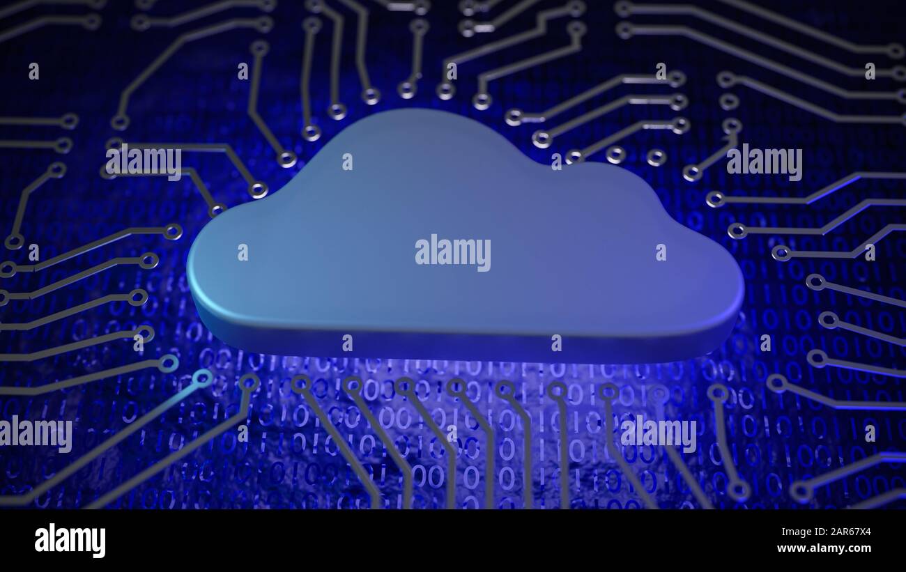 3D render: Cloud Computing Concept. A cloud shape in a circuit board design mimicking a ...