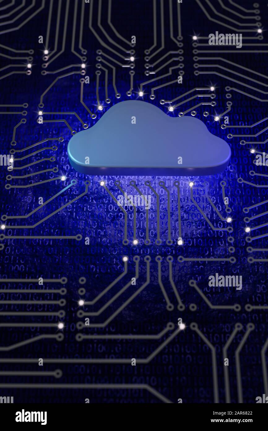 3D render: Cloud Computing Concept. A cloud shape in a circuit board ...