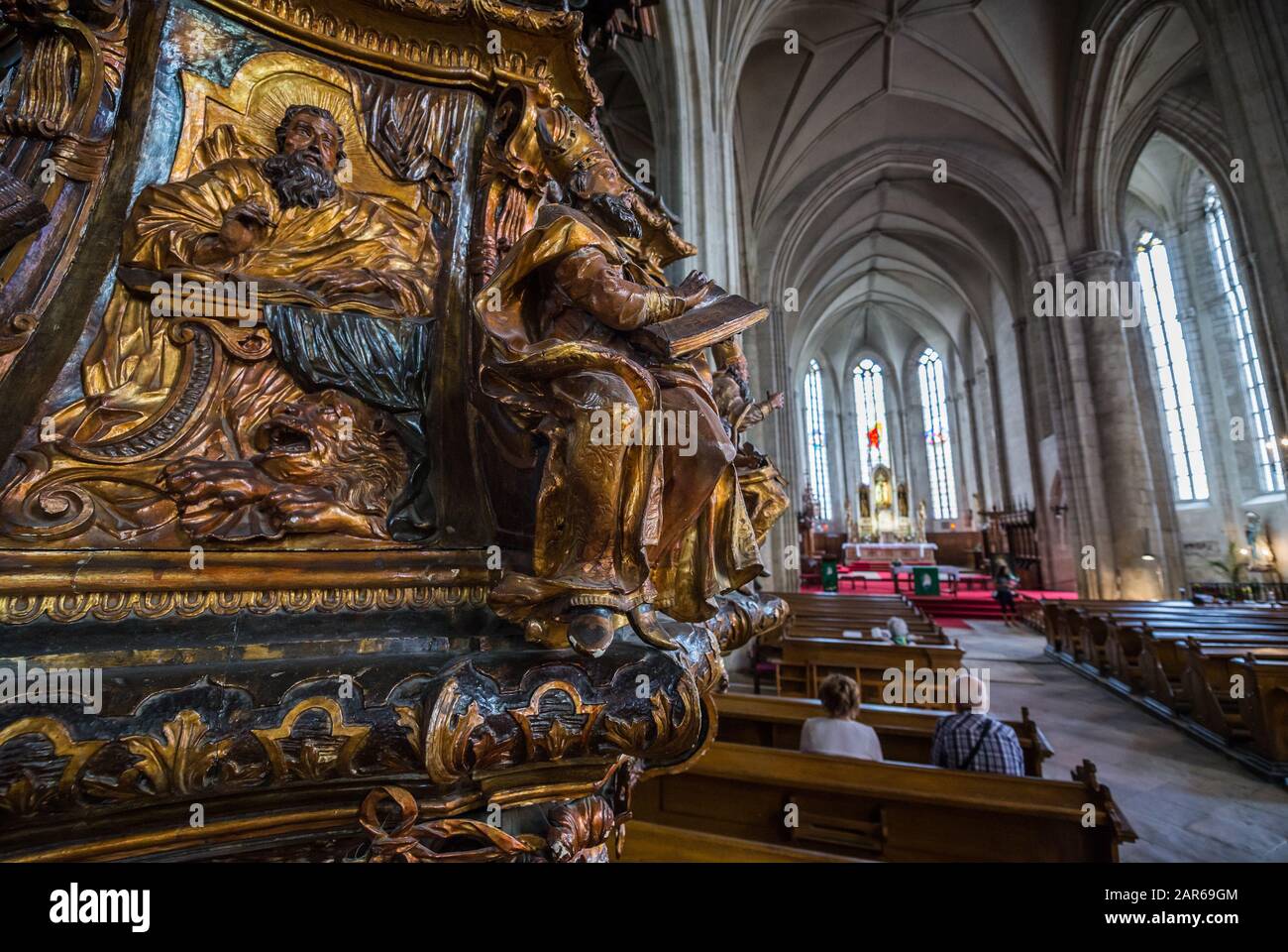 Wooden pulpit in Gothic-style Roman Catholic church of Saint Michael ...