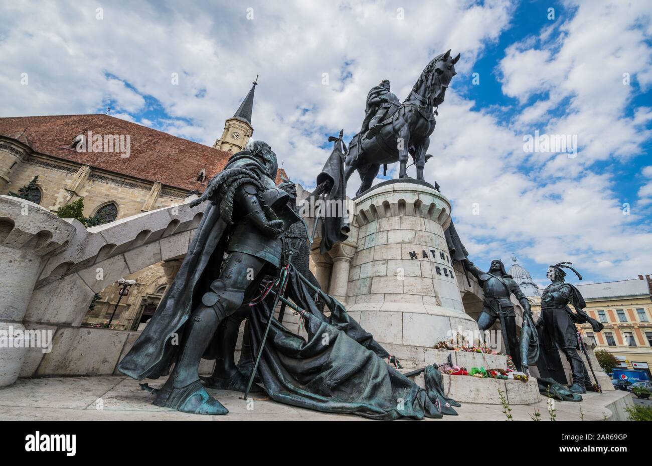 Monument of Matthias Corvinus located in front of gothic style Church ...