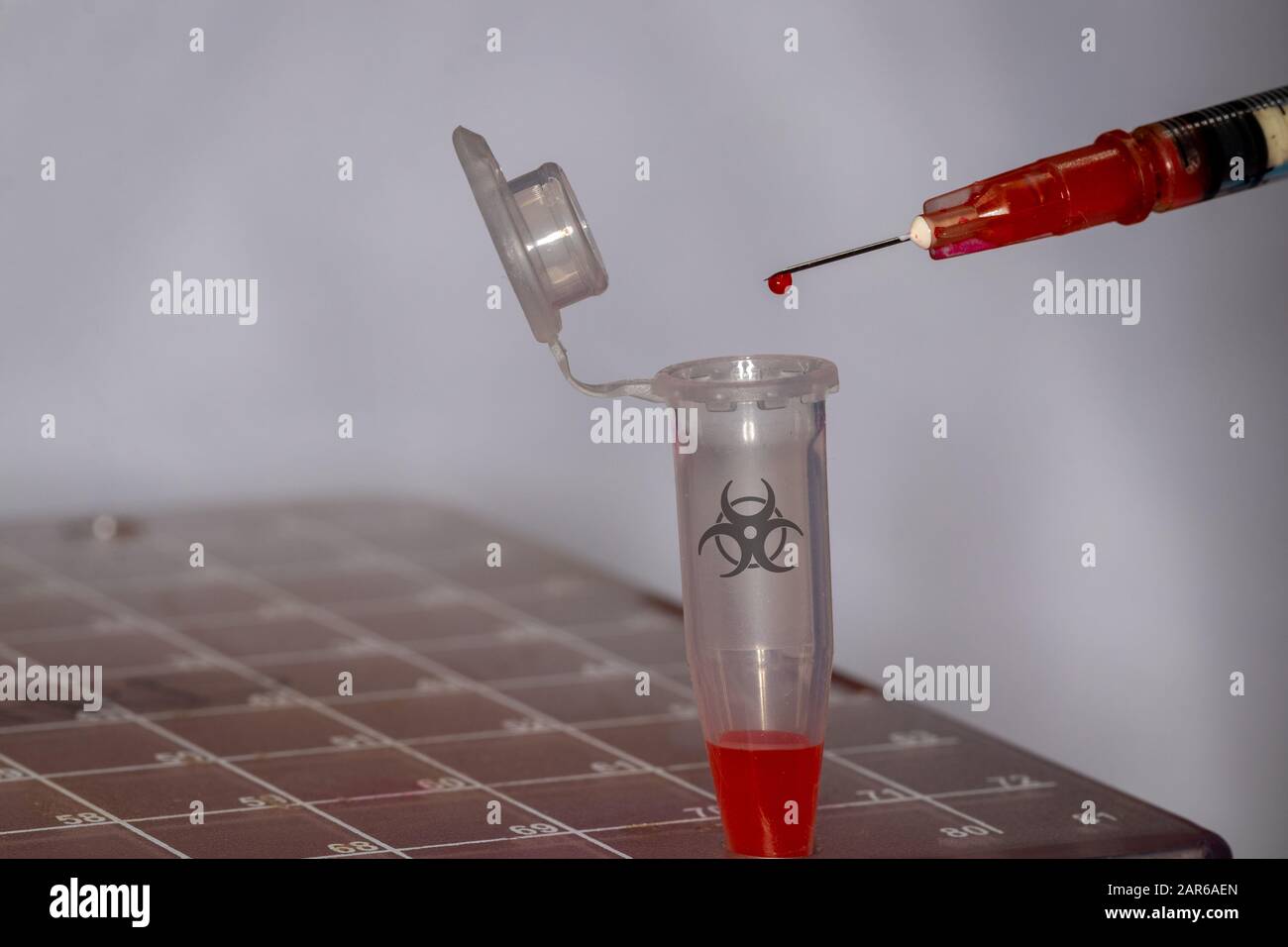 Coronavirus field laboratory test vial with blood sample and syringe ...
