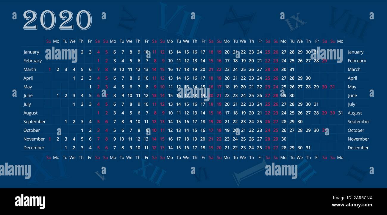 Wall calendar of 2020 year on navy blue background with Roman numerals ...