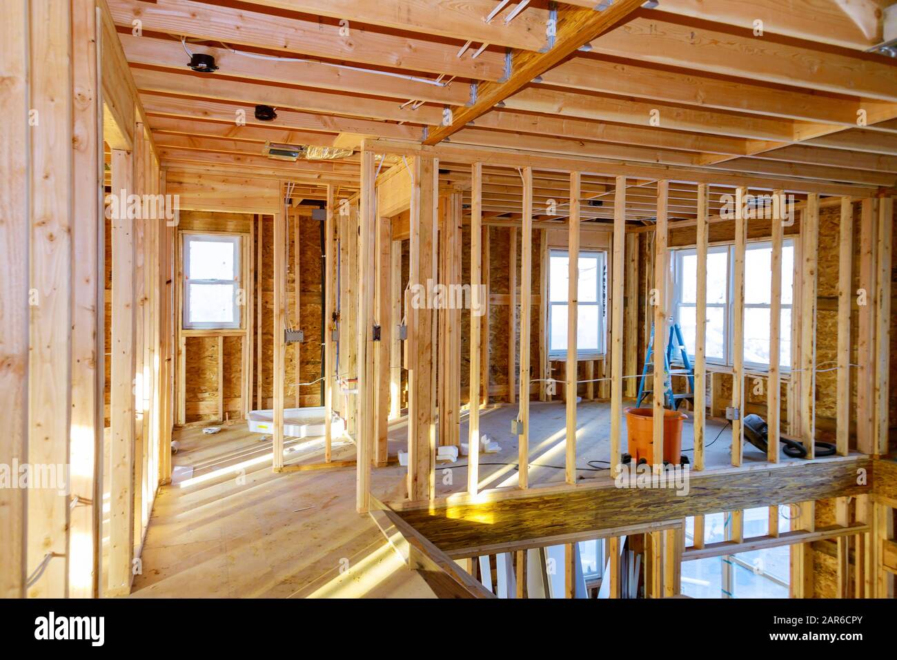 New residential home framing interior view under construction new house ...