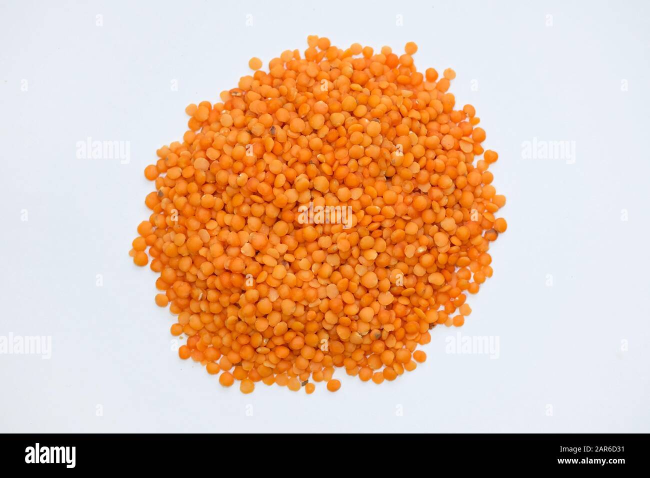 Red lentils on a white background. Orange raw grains of lentils slide ...