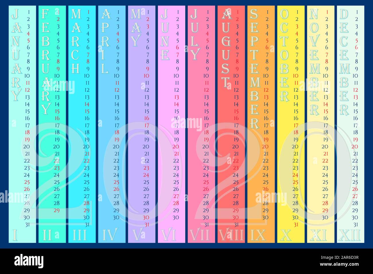 Rainbow wall calendar 2020 with vertical months and Roman numerals ...