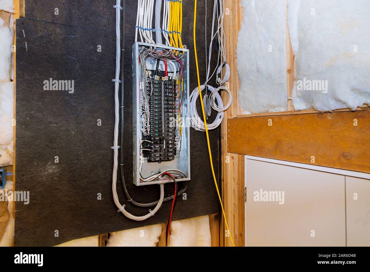 Switchboard electrical voltage box with wires with circuit breakers ...